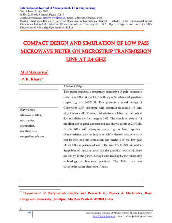 (PDF) COMPACT DESIGN AND SIMULATION OF LOW PASS MICROWAVE FILTER ON MICROSTRIP TRANSMISSION LINE ...