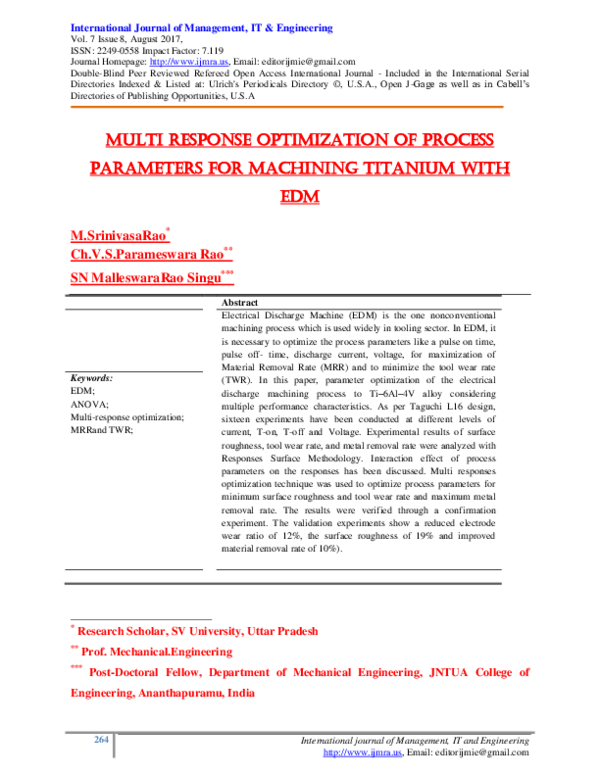 Pdf Multi Response Optimization Of Process Parameters For Machining Titanium With Edm