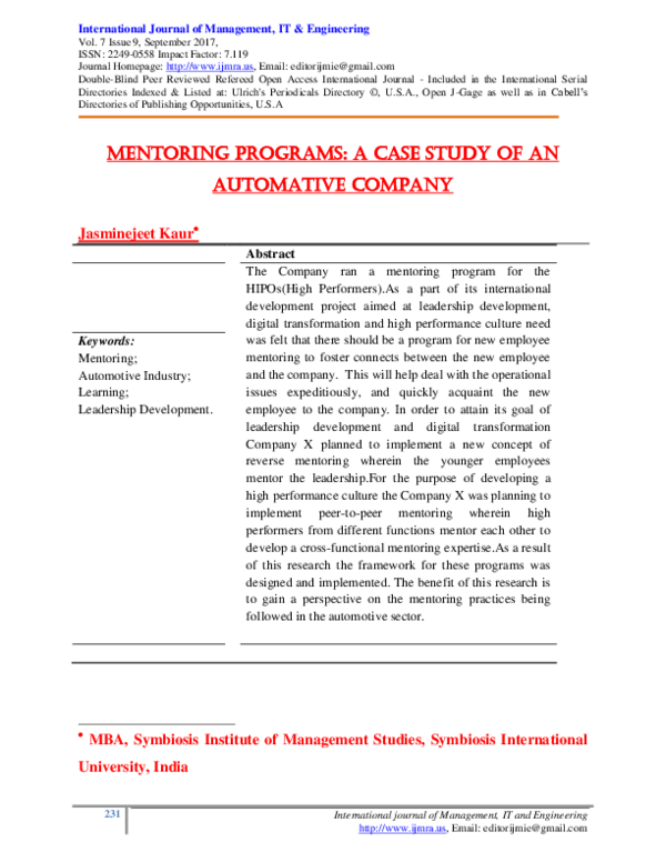 (PDF) Mentoring Programs: A Case Study of an Automative Company