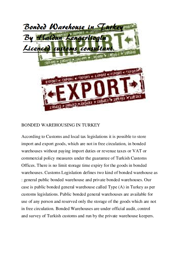 (DOC) BONDED WAREHOUSING IN TURKEY According to Customs