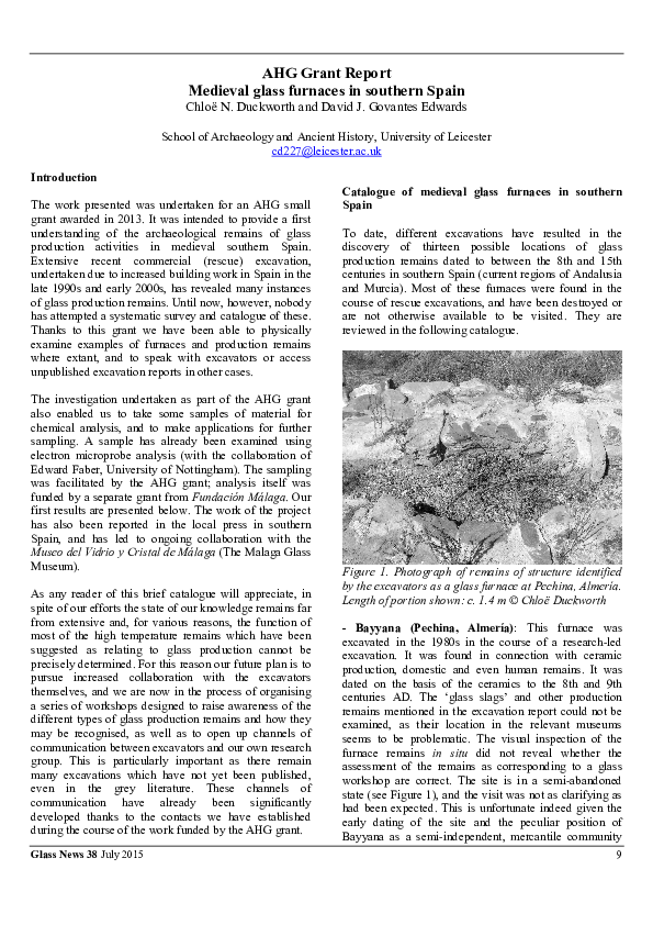 (PDF) AHG Grant Report Medieval glass furnaces in southern Spain