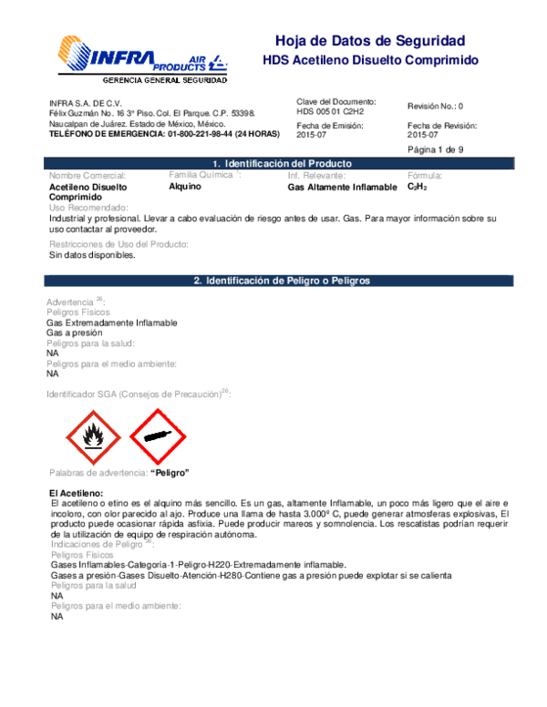 (PDF) Hoja de Datos de Seguridad HDS Acetileno Disuelto Comprimido