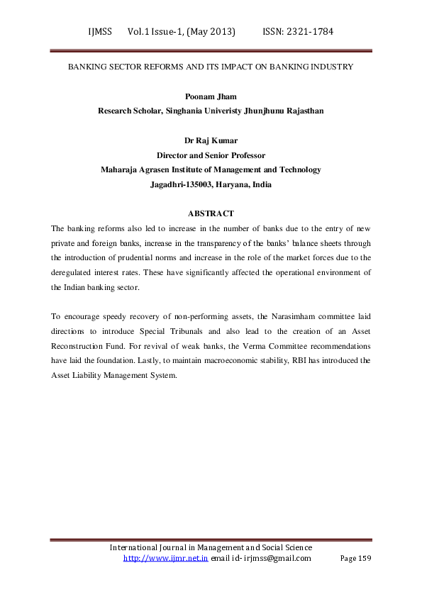 (PDF) BANKING SECTOR REFORMS AND ITS IMPACT ON BANKING INDUSTRY