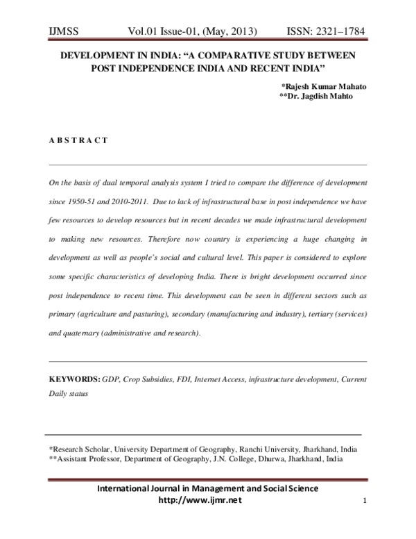 (PDF) DEVELOPMENT IN INDIA: " A COMPARATIVE STUDY BETWEEN POST ...