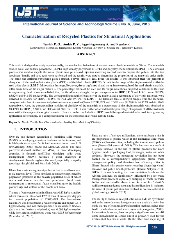 (PDF) Characterization of Recycled Plastics for Structural Applications