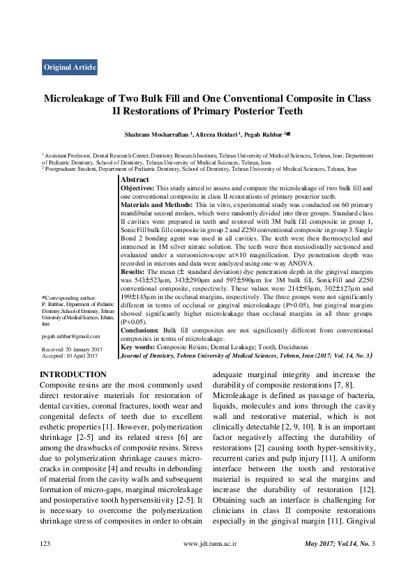 Pdf Microleakage Of Two Bulk Fill And One Conventional Composite In Class Ii Restorations Of