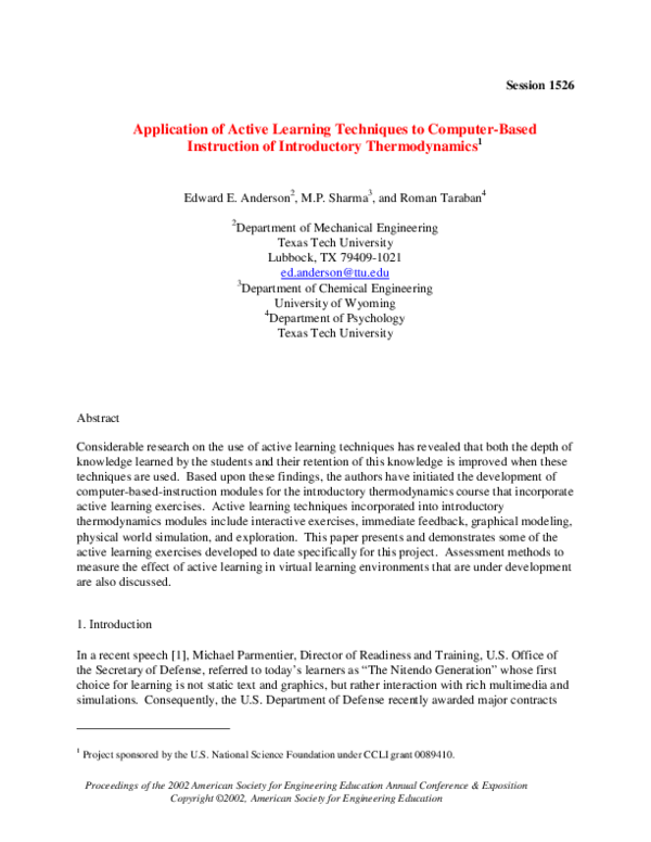 Pdf Application Of Active Learning Techniques To Computer Based Instruction Of Introductory