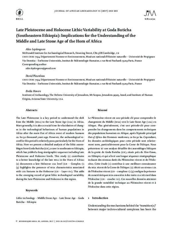 (PDF) Leplongeon, A., Pleurdeau, D. and Hovers, E. 2018. Late ...
