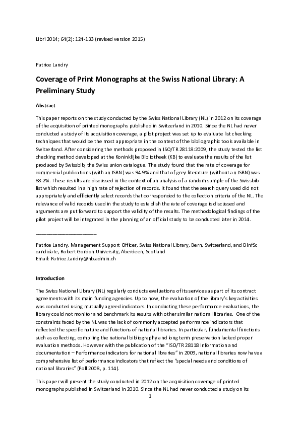 (PDF) Coverage of monographs at the Swiss National Library-article ...