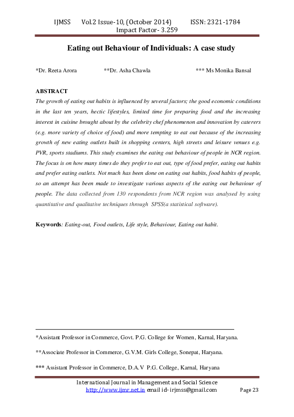 (PDF) Eating out Behaviour of Individuals: A case study