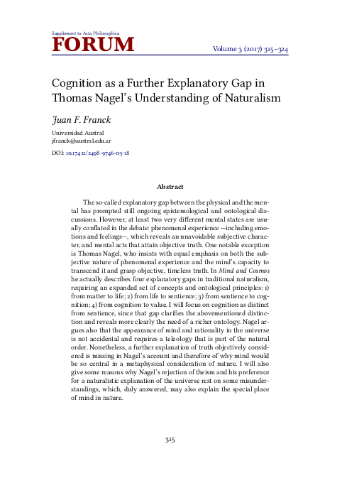 (PDF) Cognition as a further explanatory gap in Thomas Nagel's ...