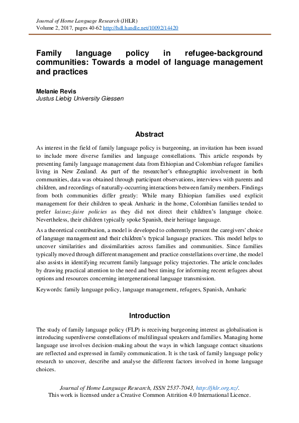 (PDF) Family language policy in refugee-background communities: Towards ...