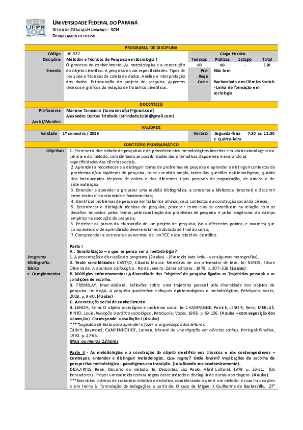 Pdf Metodologia I Sociologia Ufpr