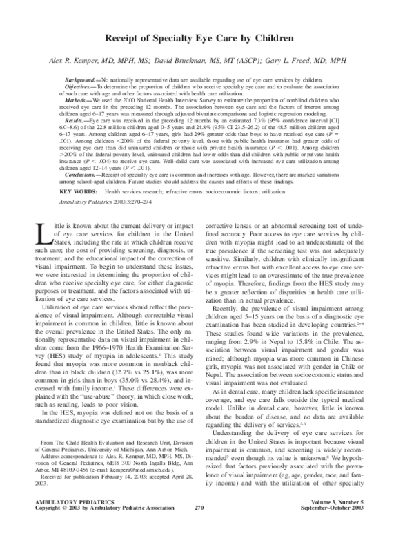 (PDF) Receipt of Specialty Eye Care by Children