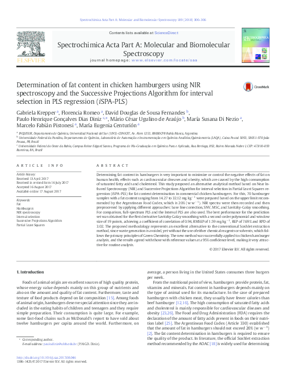 (PDF) Determination of fat content in chicken hamburgers using NIR spectroscopy and the ...