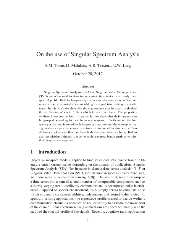 Pdf On The Use Of Singular Spectrum Analysis Ana Tomé