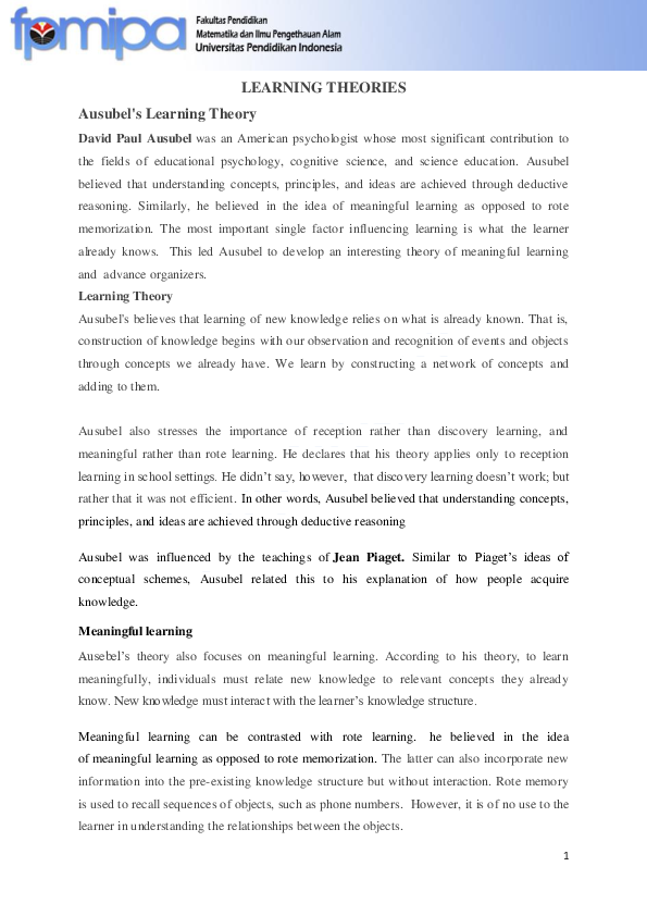(PDF) LEARNING THEORIES Ausubel's Learning Theory