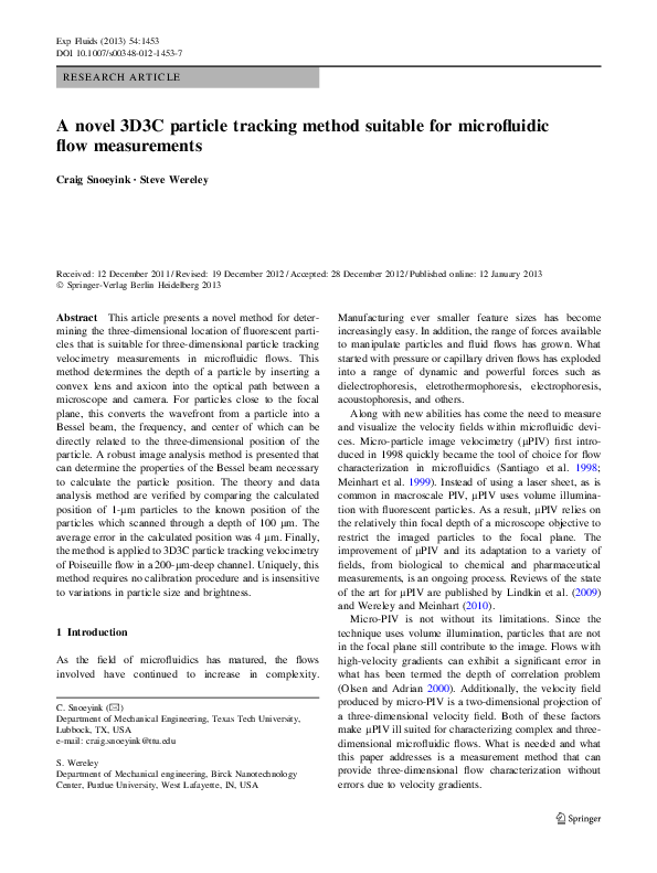 (PDF) A novel 3D3C particle tracking method suitable for microfluidic flow measurements | Craig ...