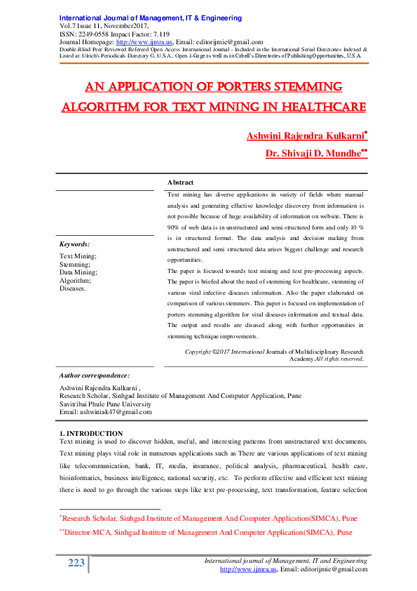 Pdf An Application Of Porters Stemming Algorithm For Text Mining In Healthcare
