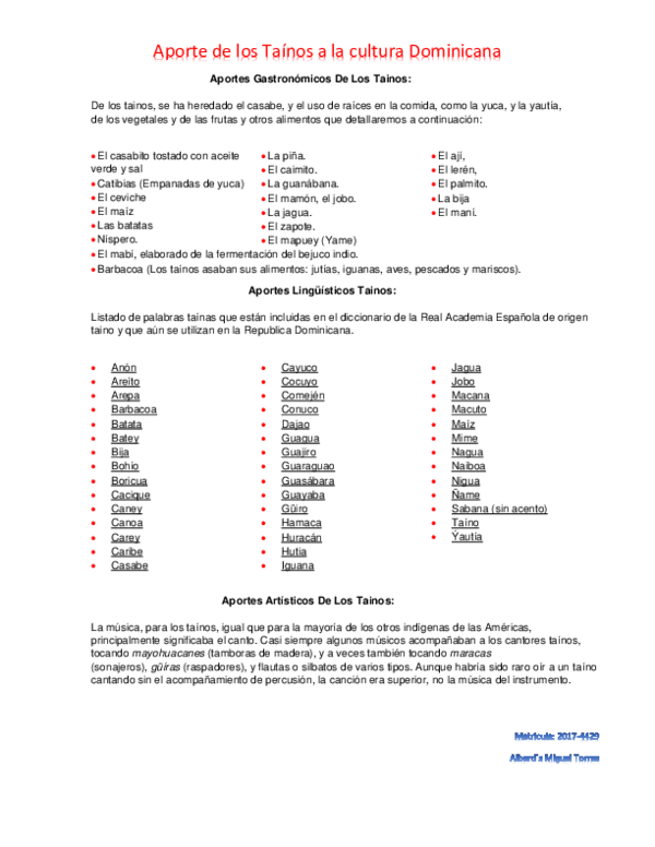(DOC) Aporte de los Taínos a la cultura Dominicana