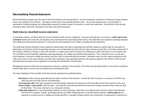 (DOC) Merchandising Financial Statements Look at these selected ...