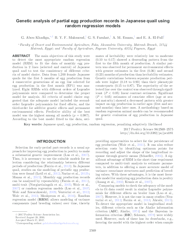 (PDF) Genetic analysis of partial egg production records in Japanese quail using random ...