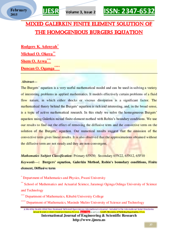 Pdf Mixed Galerkin Finite Element Solution Of The Homogeneous Burgers