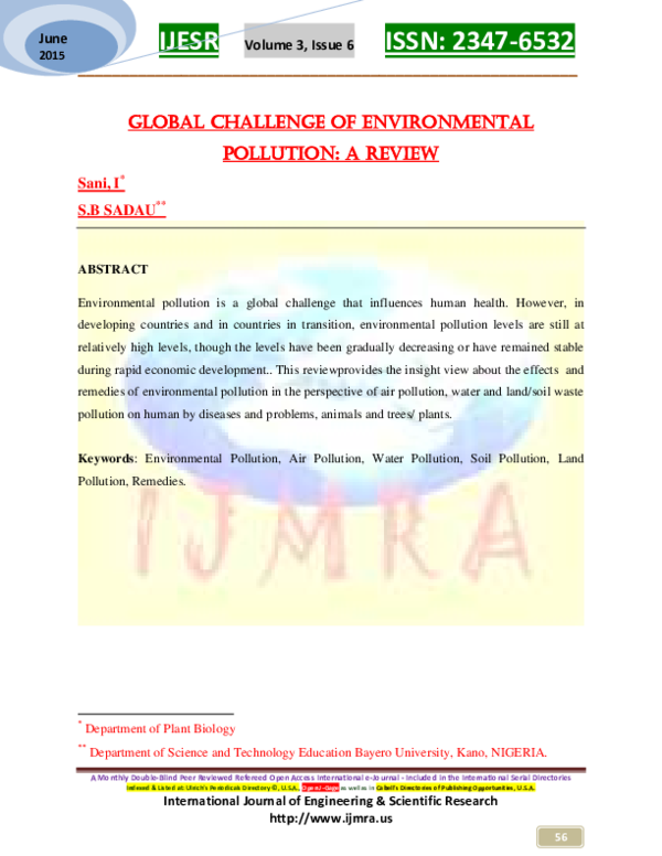 (PDF) GLOBAL CHALLENGE OF ENVIRONMENTAL POLLUTION: A REVIEW Sani, I