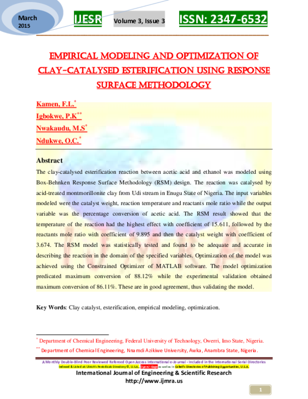 (PDF) Empirical Modeling and Optimization of Clay-Catalysed Esterification using Response ...