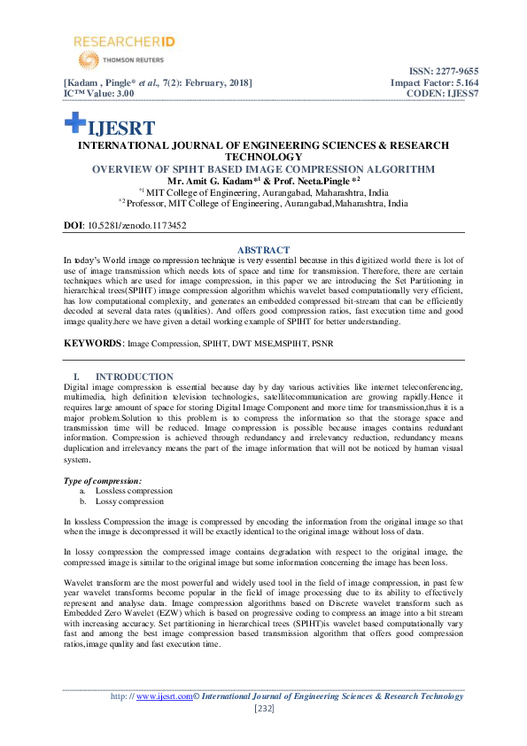 Pdf Overview Of Spiht Based Image Compression Algorithm Ijesrt Journal