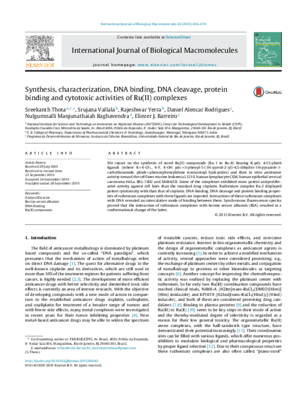 (PDF) Synthesis, Characterization, DNA binding, DNA cleavage, Protein binding and cytotoxic ...