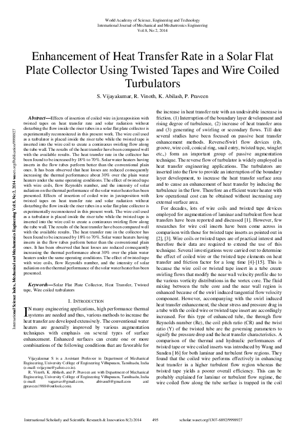 (PDF) Enhancement of Heat Transfer Rate in a Solar Flat Plate Collector ...