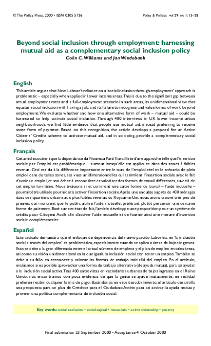 (PDF) Beyond social inclusion through employment: harnessing mutual aid ...