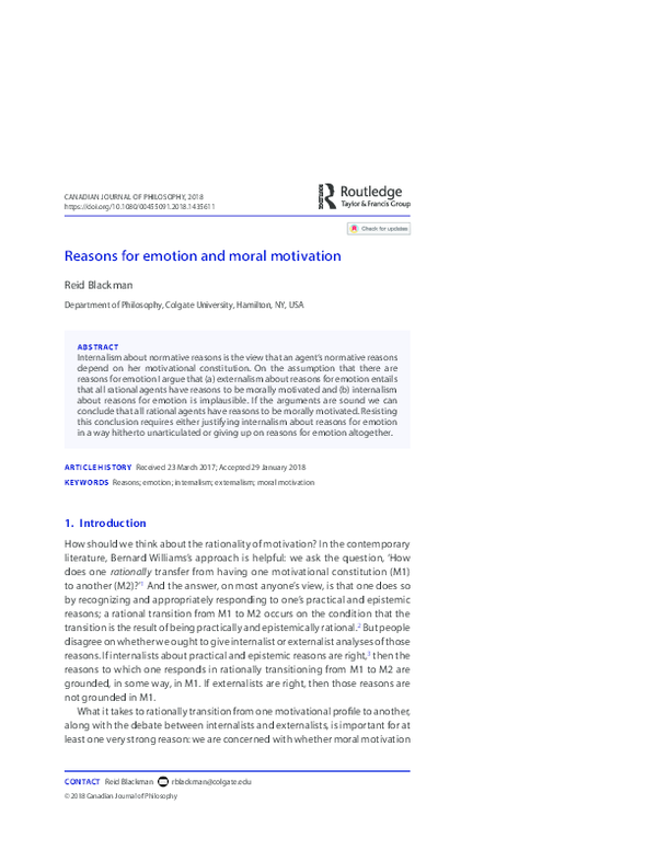 (PDF) Reasons for Emotion and Moral Motivation (Canadian Journal of ...