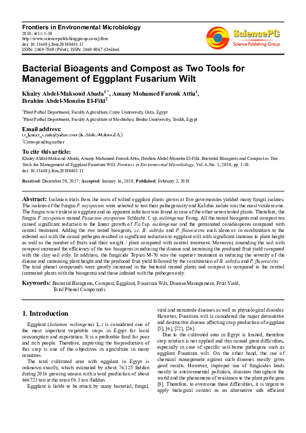 (PDF) Bacterial Bioagents and Compost as Two Tools for Management of Eggplant Fusarium Wilt