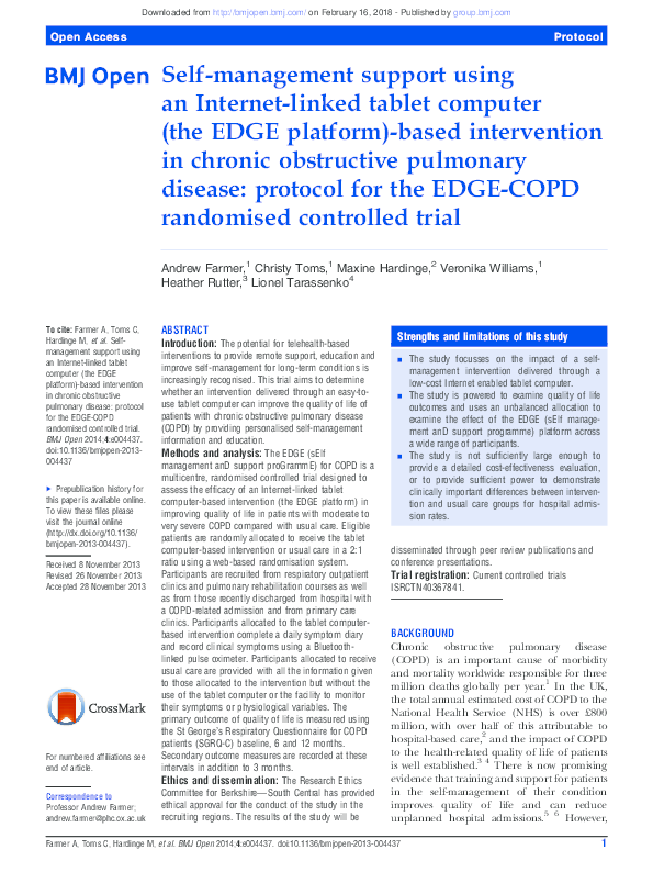 (PDF) Self-management support using an Internet-linked tablet computer (the EDGE platform)-based ...