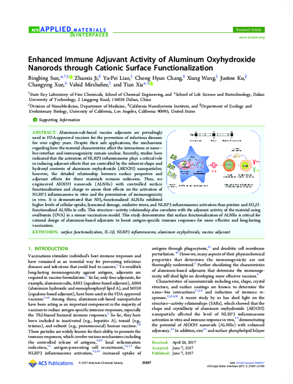 (PDF) Enhanced Immune Adjuvant Activity of Aluminum Oxyhydroxide Nanorods through Cationic ...