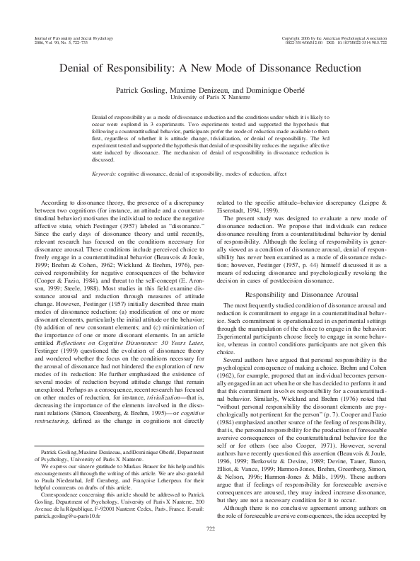 (PDF) Denial of Responsibility: A New Mode of Dissonance Reduction