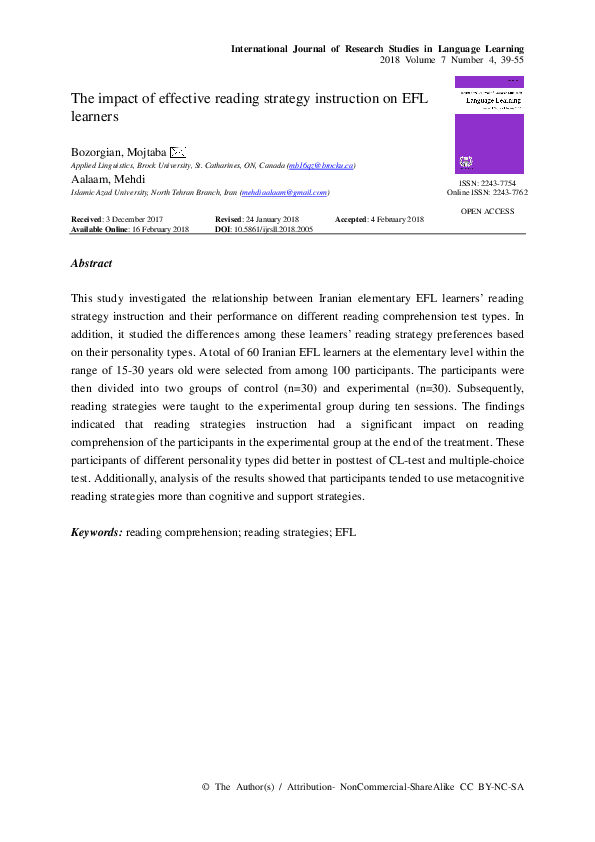 Pdf The Impact Of Effective Reading Strategy Instruction On Efl Learners