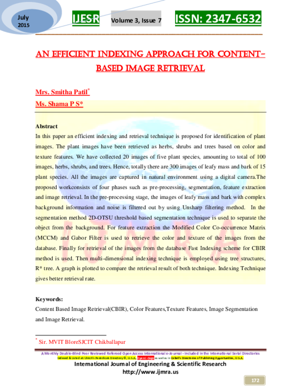 Pdf An Efficient Indexing Approach For Content Based Image Retrieval
