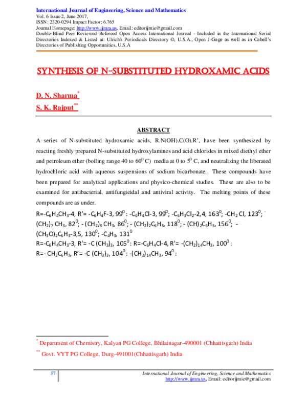 (PDF) Synthesis of N-substituted Hydroxamic Acids