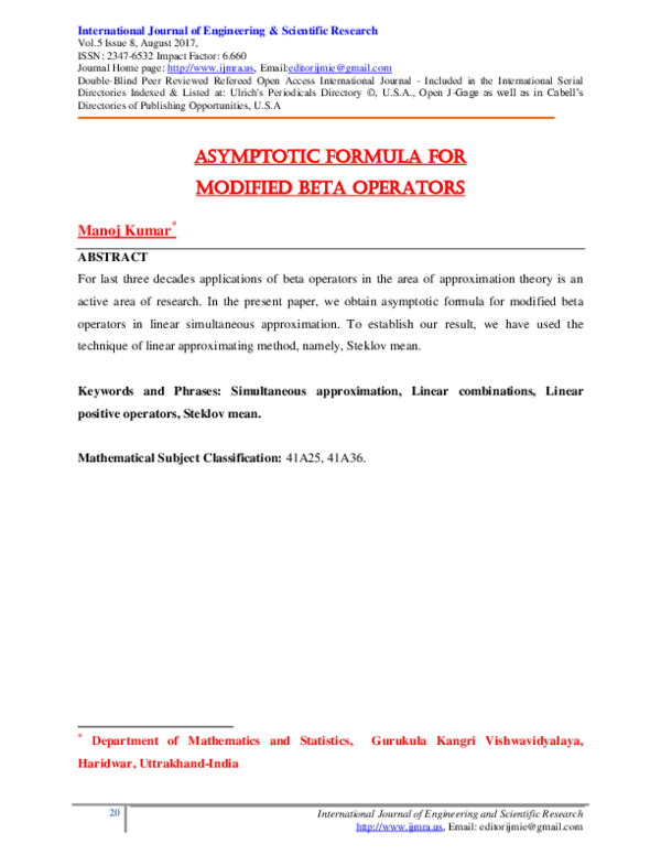 (PDF) ASYMPTOTIC FORMULA FOR MODIFIED BETA OPERATORS