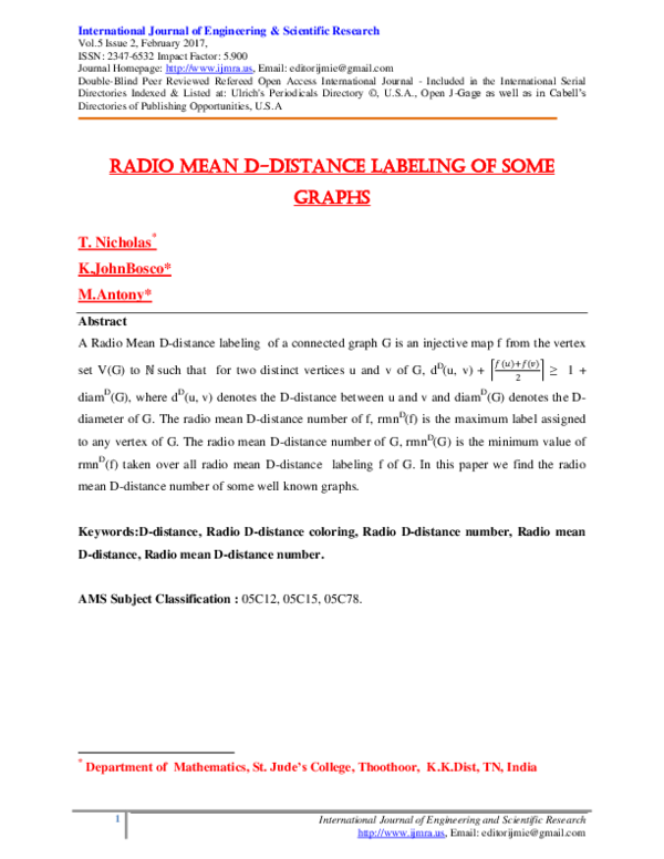 (PDF) Radio mean D-distance labeling of some graphs