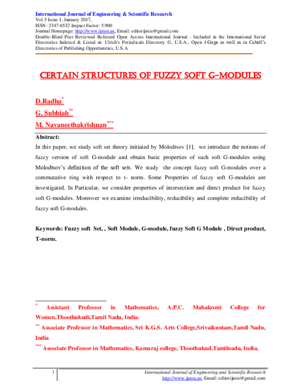 (PDF) CERTAIN STRUCTURES OF FUZZY SOFT G-MODULES | Publisher ijmra.us UGC Approved - Academia.edu