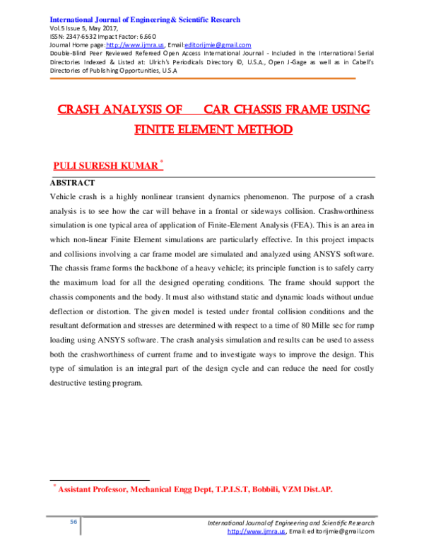 Pdf Crash Analysis Of Car Chassis Frame Using Finite Element Method