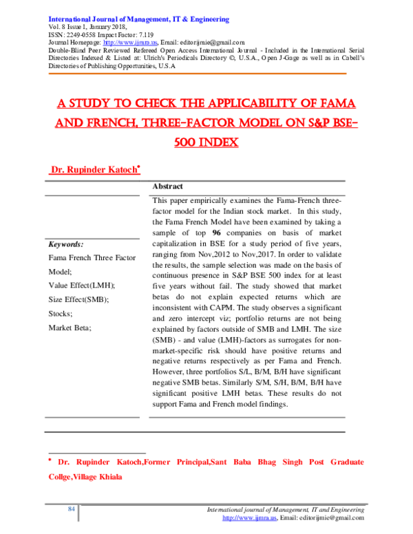 (PDF) A Study to Check the Applicability of Fama and French, Three-Factor Model on S&P BSE- 500 ...
