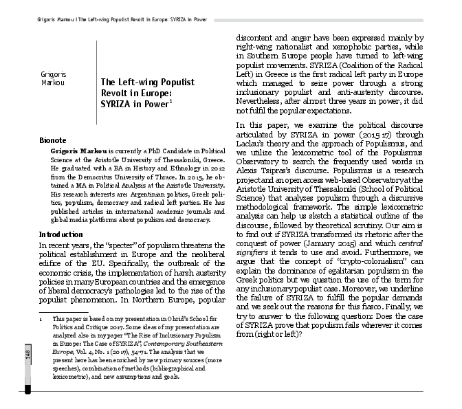 (PDF) The Left-wing Populist Revolt in Europe: SYRIZA in Power