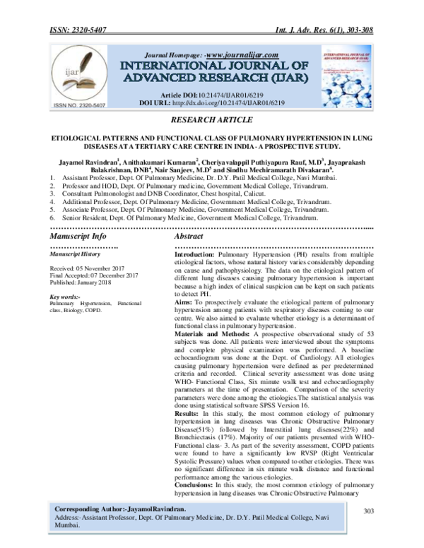 (PDF) ETIOLOGICAL PATTERNS AND FUNCTIONAL CLASS OF PULMONARY ...
