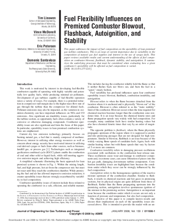 (PDF) Fuel Flexibility Influences on Premixed Combustor Blowout, Flashback, Autoignition, and ...