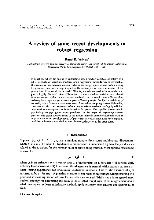 Pdf A Review Of Some Recent Developments In Robust Regression